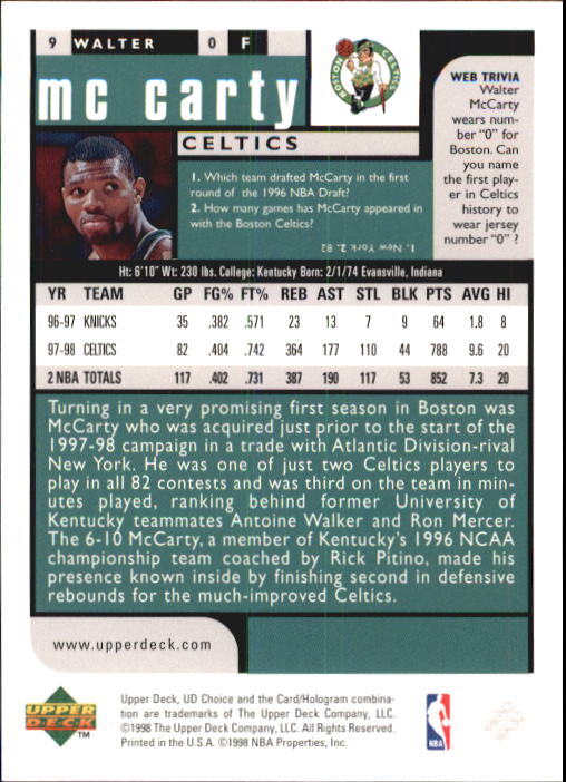 1998-99 UD Choice Boston Celtics Basketball Card #9 Walter McCarty | eBay