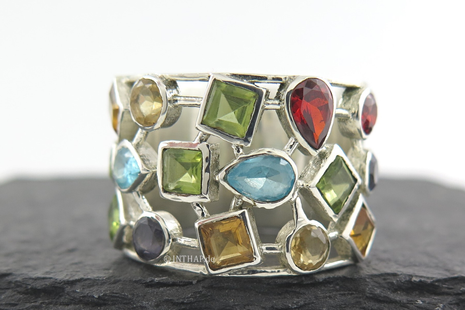 925 Sterling Silber Ring - Bandring breit verschiedene Steine breiter ...