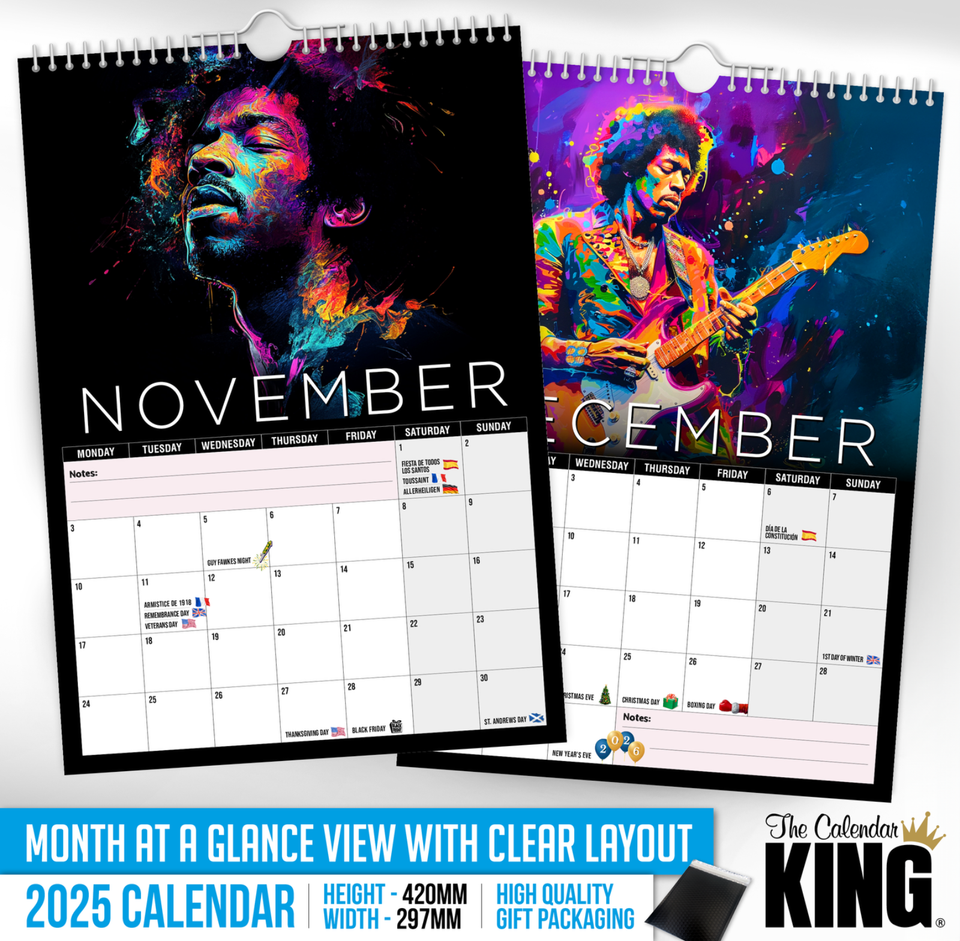 2025 Calendar - Jimi Hendrix - ART - Christmas - Birthday - Present ...