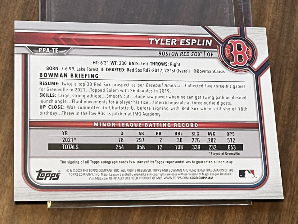 Tyler Esplin 2022 Bowman RC AUTO # PPA-TE Boston Red Sox | eBay
