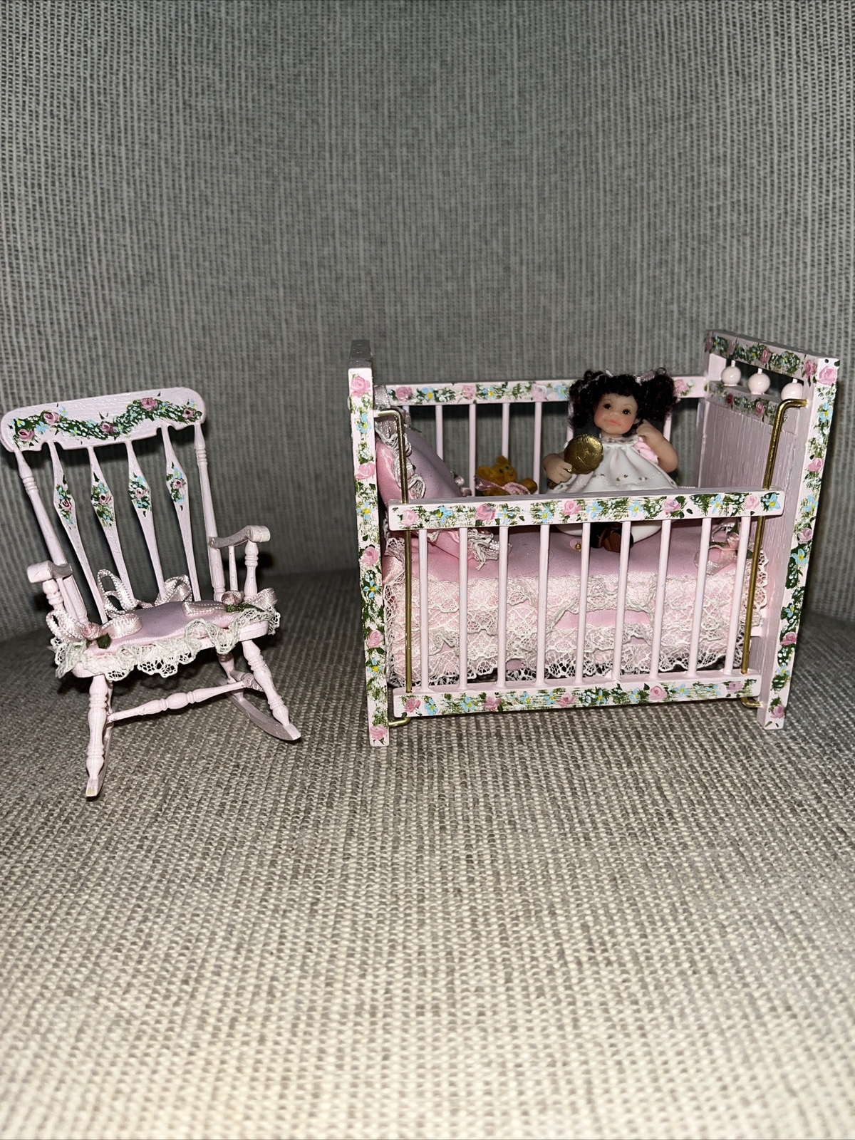 Miniature Dollhouse Baby In Crib + Rocking Chair by Artisan Becky Delk ...
