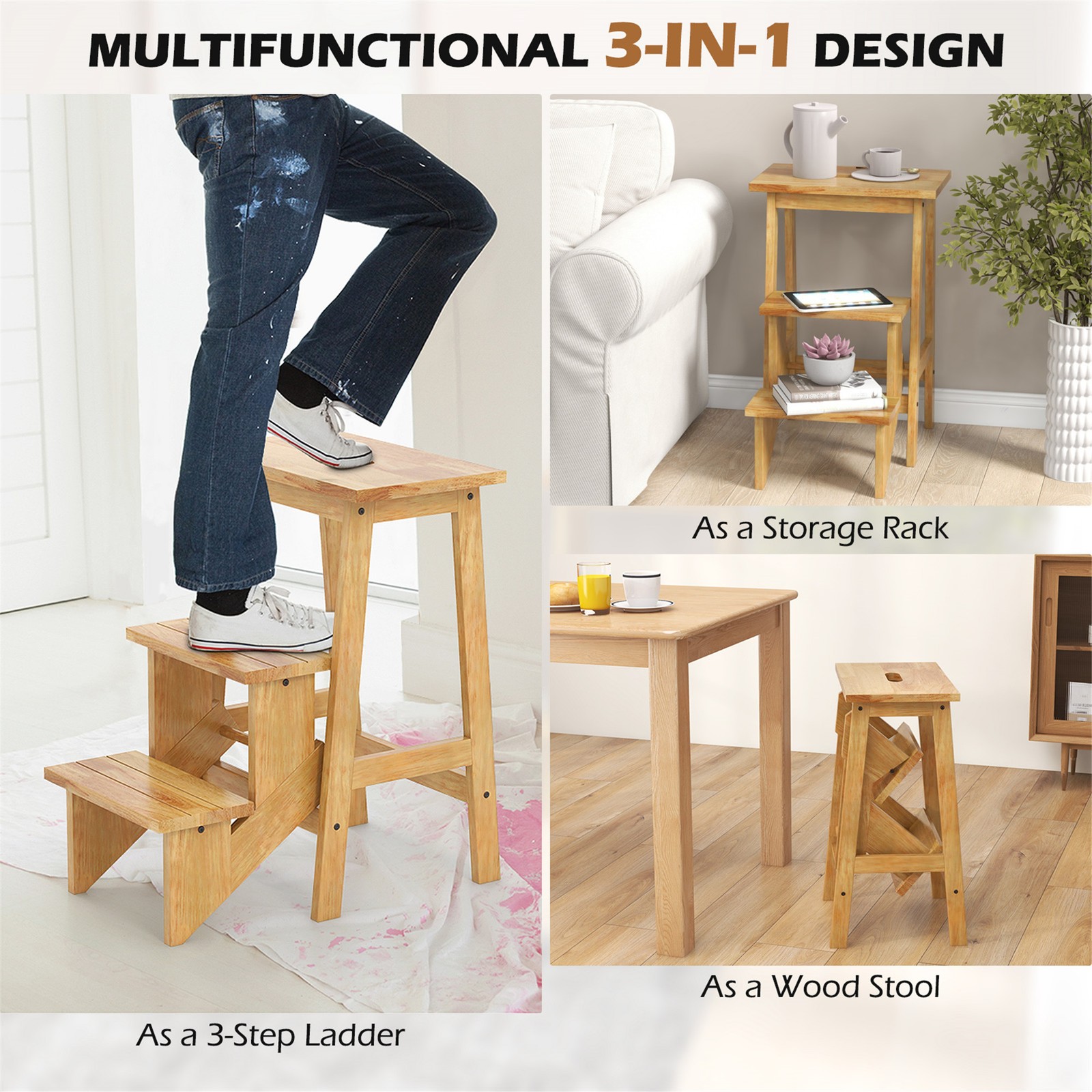 Multi-function 3 Tier Step Stool 3 in 1 Folding Ladder 24'' Storage ...