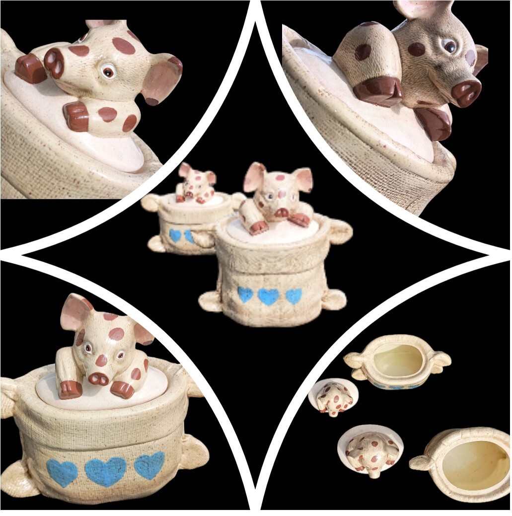 🐖 Barnyard Farmhouse Pigs in Burlap Sacks Ceramic Cookie Jar Canister ...