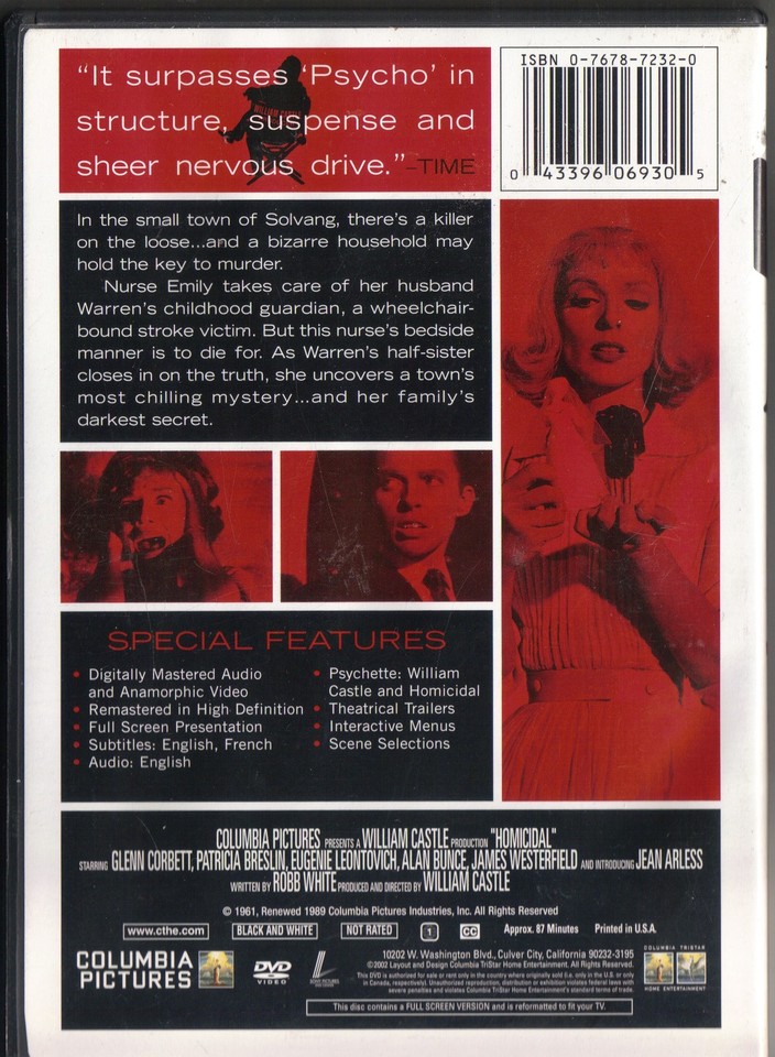 HOMICIDAL~1961 VG/C DVD~JEAN ARLESS PATRICIA BRESLIN GLENN CORBETT ...