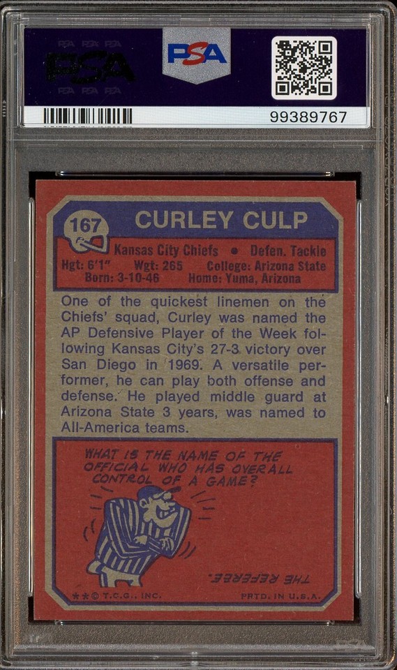 1973 Topps Football #167 Curley Culp Chiefs RC Rookie HOF PSA 8 NM-MT ...