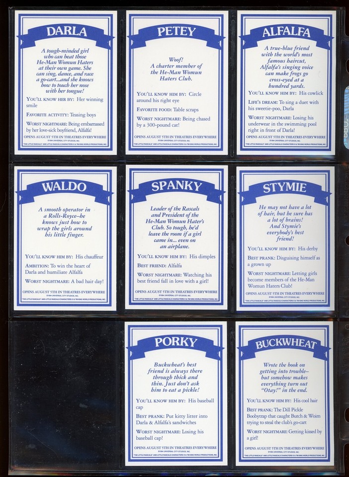 1994 Universal Studios The Little Rascals Complete Promo Card Set (8/8 ...