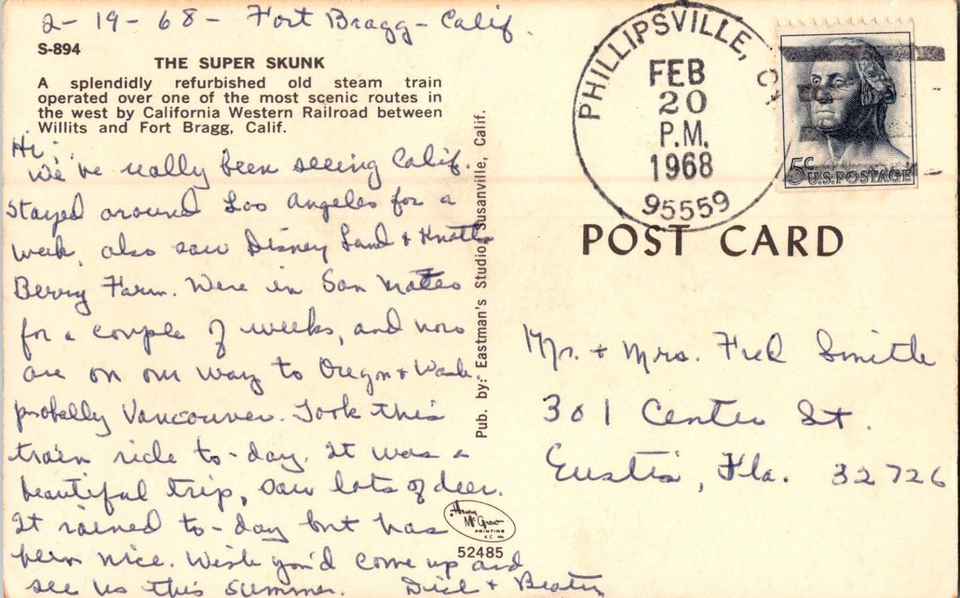 Postcard Super Skunk Steam Locomotive California Western Railroad ...