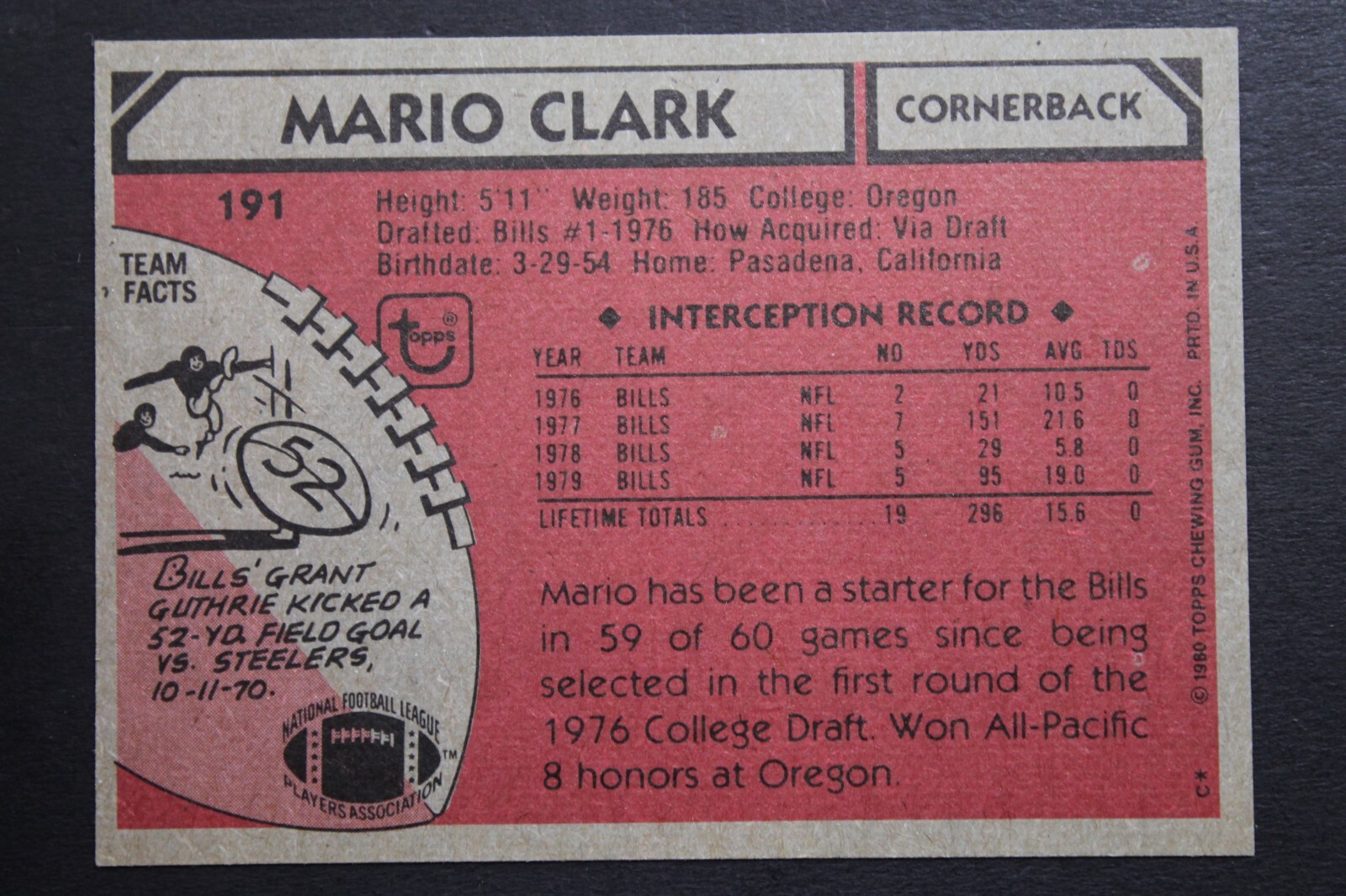 Mario Clark Buffalo Bills Autograph 1980 Topps #191 Signed NFL Card ...