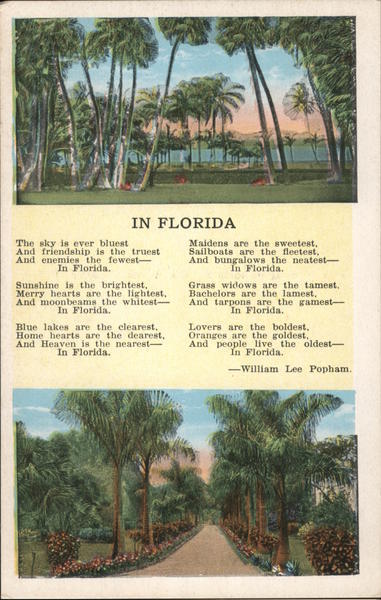 "IN FLORIDA"-Poem by William Lee Popham Pictorial Centre Antique ...