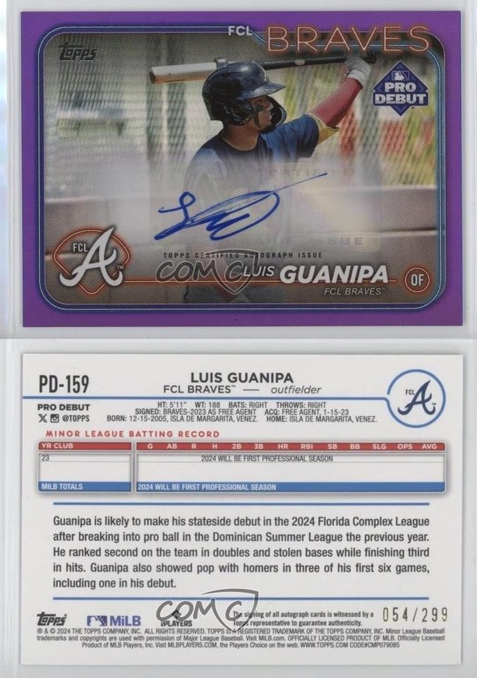 2024 Topps Pro Debut Purple Foil Auto 54/299 Luis Guanipa #PD-159 Auto ...