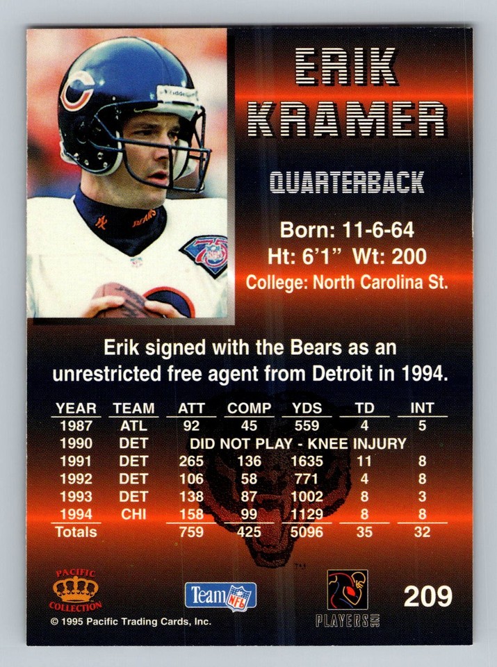 Erik Kramer 1995 Pacific #209 Chicago Bears Platinum | eBay
