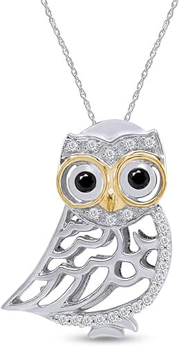 1/10 Ct Real Black & White Diamond Two Tone Owl Pendant Necklace ...