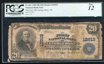 1902 $20 THE 1ST NB OF GEORGE WEST,TX NATIONAL CURRENCY CH #12919 PCGS ...