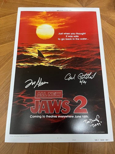 * JAWS 2 * signed 12x18 poster * CARL GOTTLIEB, JOE ALVES & TOM DUNLOP ...