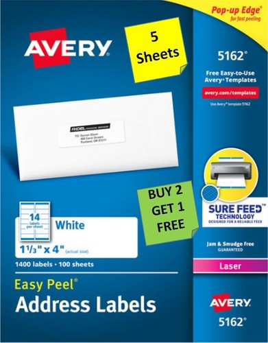 [5 Sheets] Avery 5962/5162 White Address Labels 1-1/3 x 4" LASER B2G1 ...