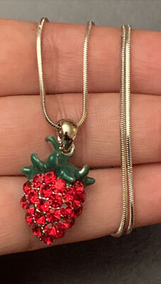 enamel rhinestone strawberry 1.25” pendant necklace with 21” silver ...