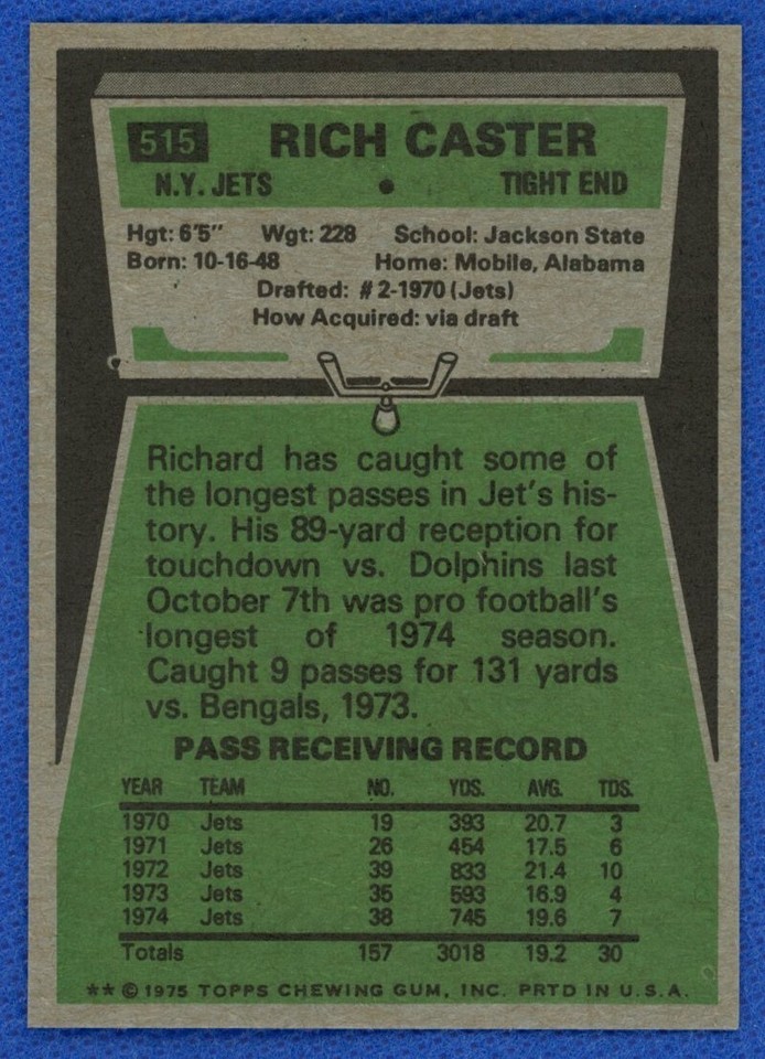 1975 Topps Football # 515 Richard Caster New York Jets | eBay