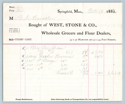 Ephemera BILLHEAD RECEIPT West, Stone & Co 1882 Springfield Mass ...