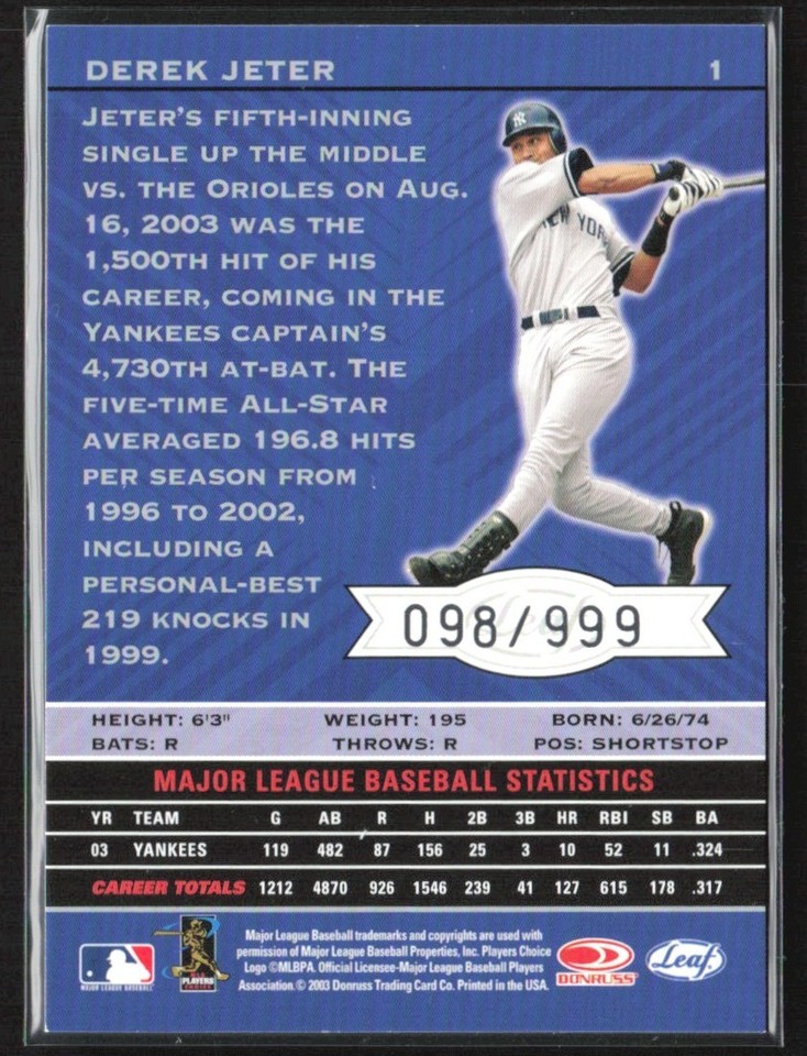 Derek Jeter 2004 Leaf Limited /999 #1 New York Yankees | eBay