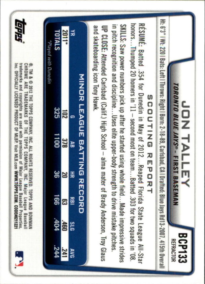2012 Bowman Chrome Prospects Refractors #BCP133 Jon Talley RC ROokie ...