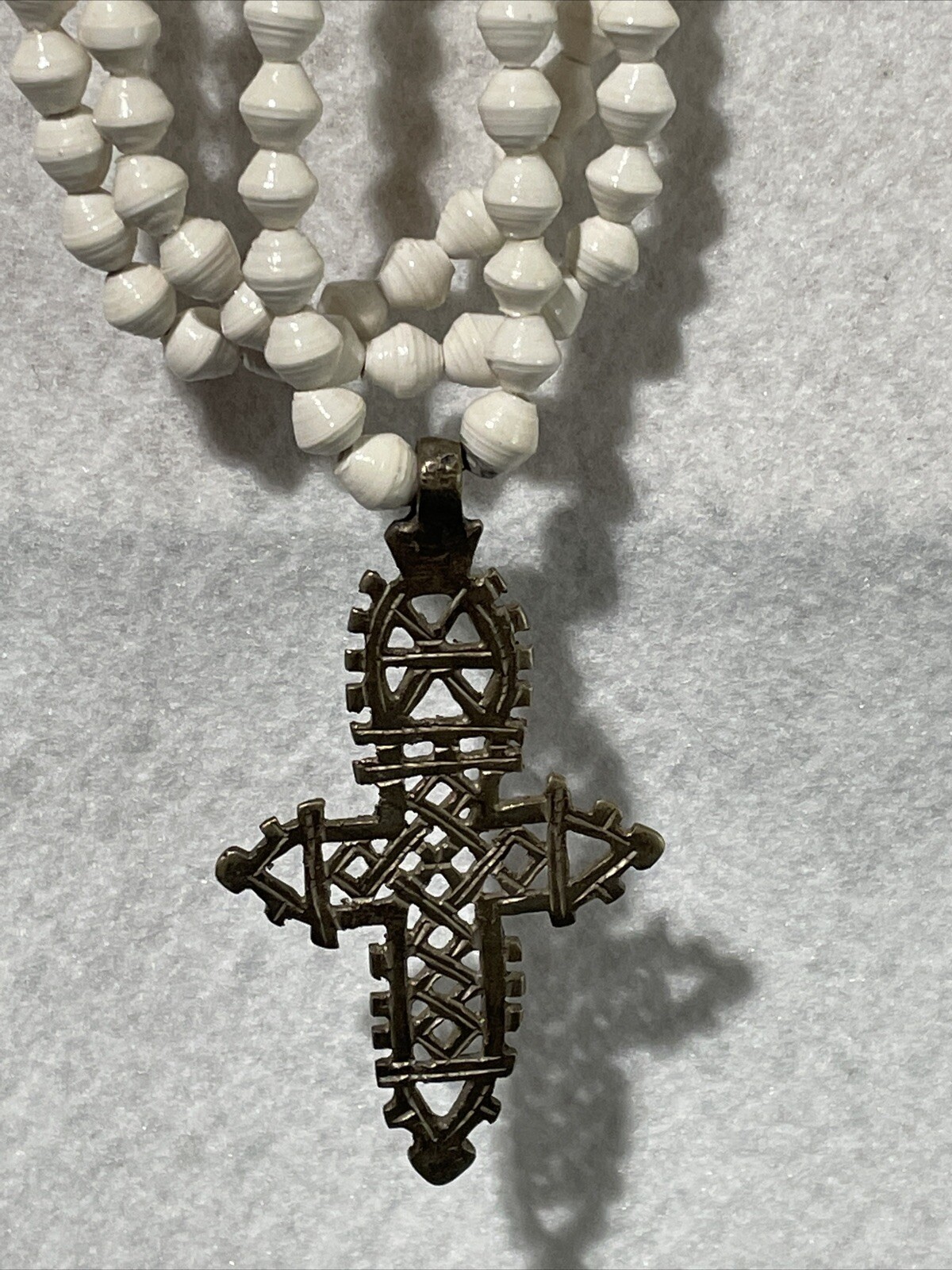 Brass Ethiopian Cross Necklace- Long White Wooden Bea… - Gem
