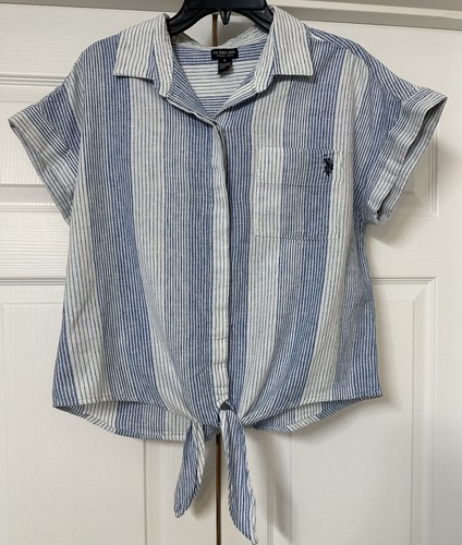 U.S. Polo Assn. Blue/White Stripes Front Tie Short Sleeve USPA Logo ...