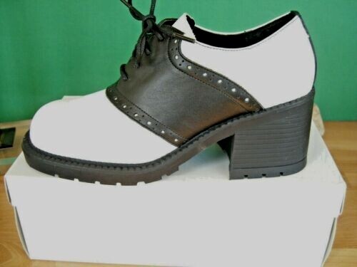 Muffy's High heeled BLACK and White Saddle Shoes leather 70's style wms ...