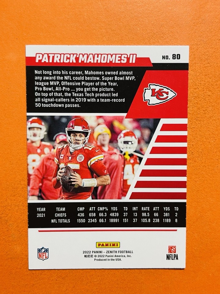 2022 Panini Zenith Red Zone Patrick Mahomes II #80 Kansas City Chiefs ...