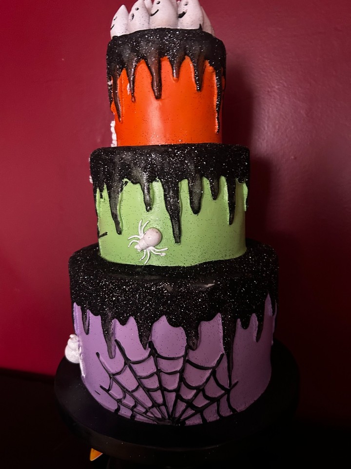 Candy Corn Lane 18" Tall 3 Layer Faux Halloween Cake on Stand w/ Ghosts ...