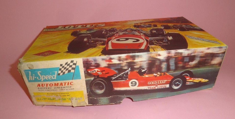 OLD LOTUS HI SPEED AUTOMATIC B/O GREEK FORMULA RACING CAR w/ DRIVER ...