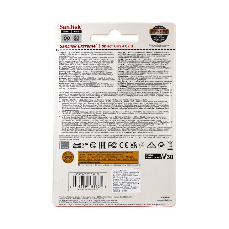 SanDisk 32GB Extreme Class10 V30 UHS-I U3 SD Card 100MBs Full SD HC ...