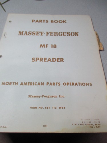 MASSEY FERGUSON #18 MANURE SPEADER "USED ORIGINAL " PARTS BOOK #651 113 ...