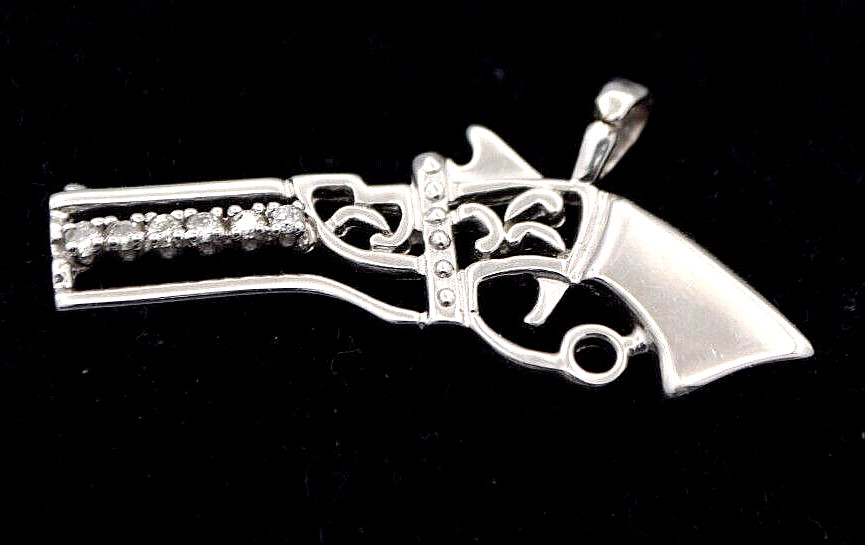 14K WHITE GOLD PISTOL - REVOLVER WITH DIAMONDS CHARM… - Gem