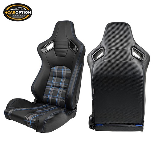 Pair Of Universal Racing Seats Dual Slider PU Carbon Leather Blue Plaid ...
