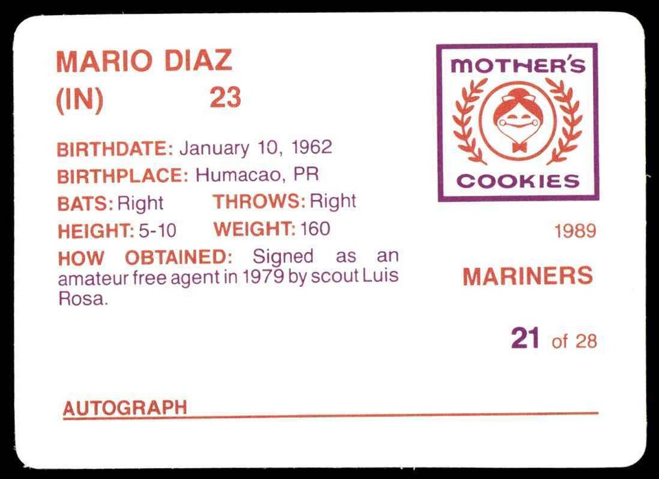 1989 Mother's Cookies Seattle Mariners Mario Diaz Seattle Mariners #21 ...