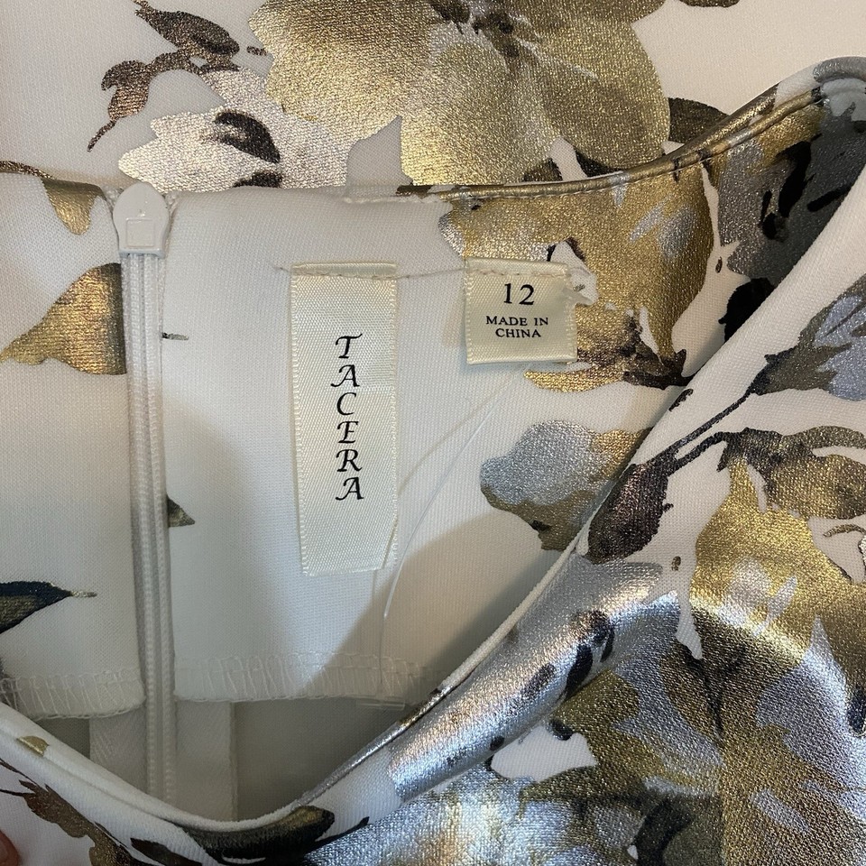 Tacera Sleeveless Floral Print Dress Womens 12 White Silver Gold ...