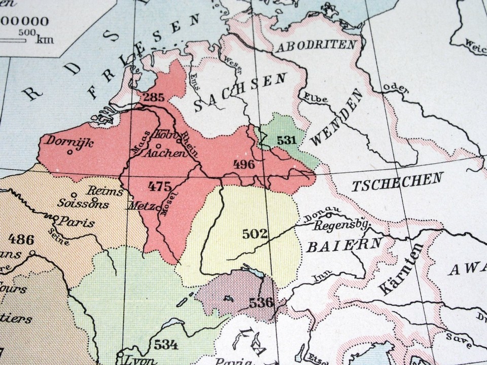 1938 ORIGINAL VINTAGE OF MAP FRANKISH EMPIRE FRANKS MEDIEVAL GERMANIC ...