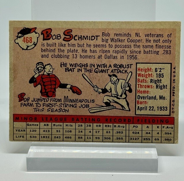 Bob Schmidt 1958 Topps Card #468 San Francisco Giants - Vintage | eBay