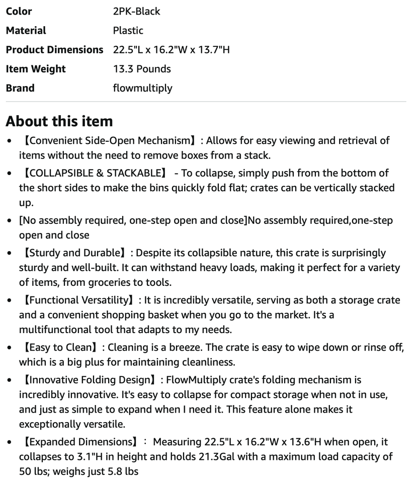 lowmultiply Collapsible Utility Crate, Expanded Dimensions(21.3Gal ...