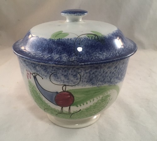 ANTIQUE STAFFORDSHIRE SPATTERWARE BLUE PEAFOWL DECORATED SUGAR BOWL W ...