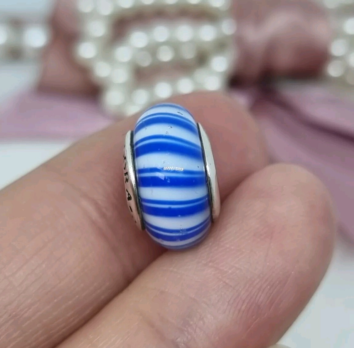 Genuine Pandora Blue Candy Stripes Murano Glass Charm… - Gem
