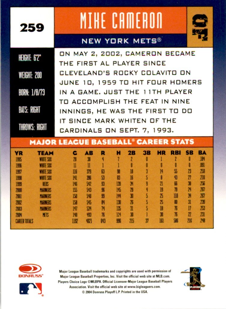 2005 Donruss Mike Cameron . New York Mets #259 | eBay