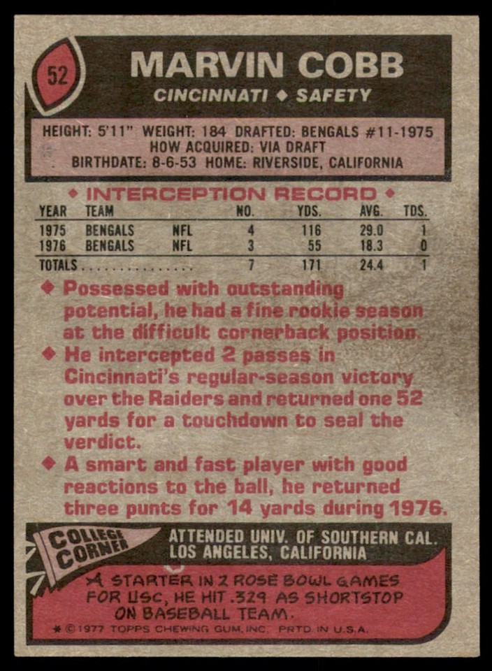 1977 Topps Marvin Cobb Cincinnati Bengals #52 NM | eBay