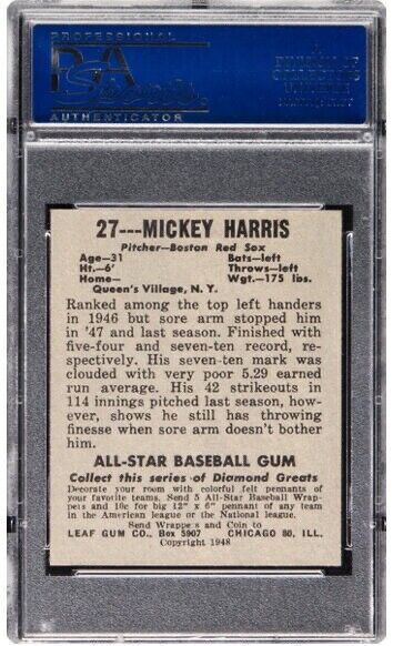 1948 Leaf PSA 8 Mickey Harris NM/MT #27 Red Sox - Rookie - Snow White ...
