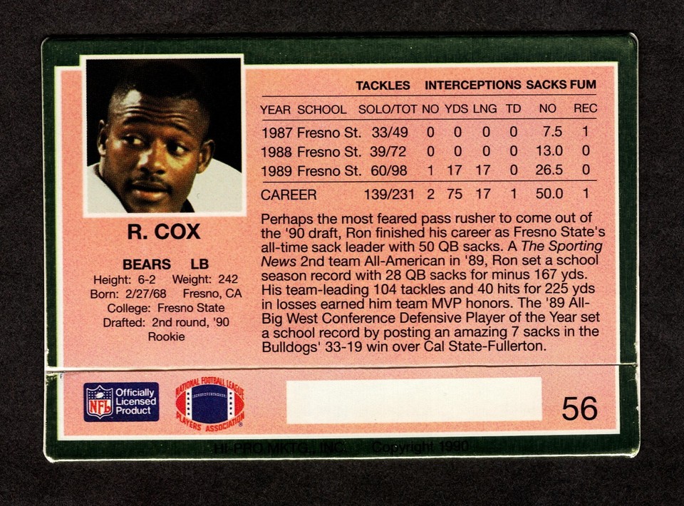 1990 ACTION PACKED RC #56 RON COX - CHICAGO BEARS - ROOKIE CARD - *03 ...