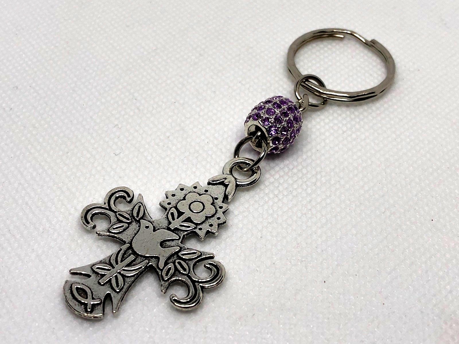 dove cross sliver tone purple rhinestone bead keychain gift keyring#10A ...