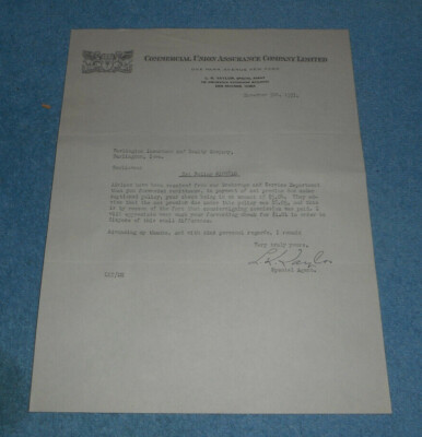 1937 Commercial Union Assurance Company Letter To Burlington Insurance ...