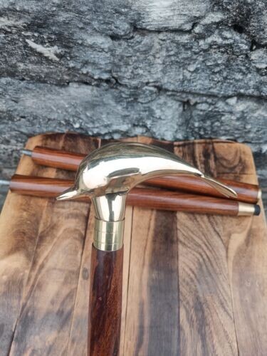 Wooden Brown Walking Stick Cane with New Solid Brass Fish Head Handle ...