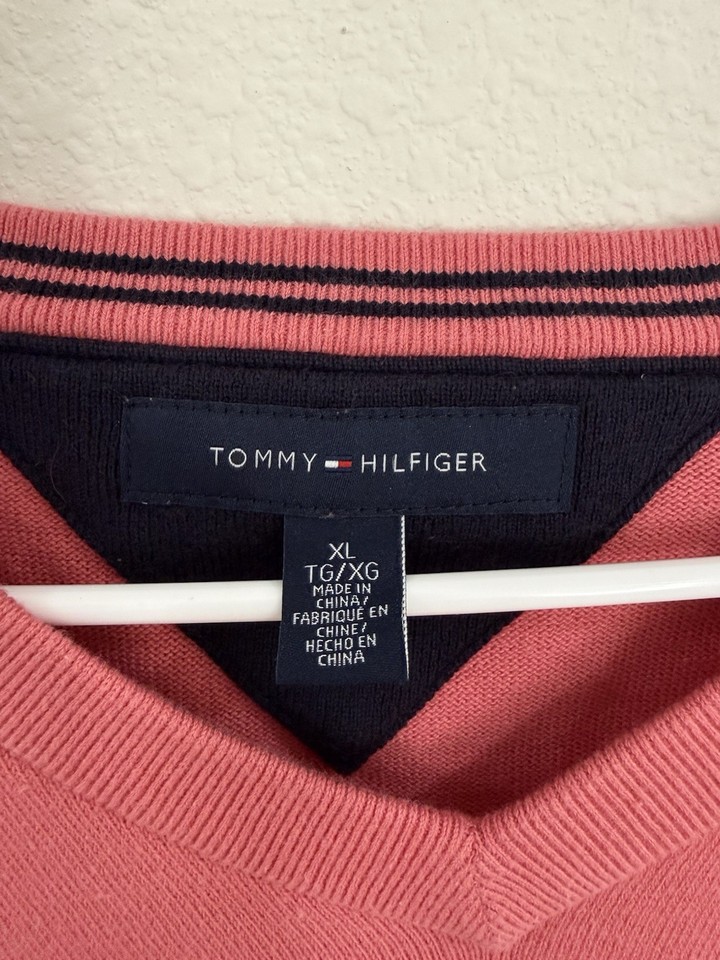 Tommy Hilfiger Mens Pullover Sweater X- Large Coral V Neck Tight Knit ...