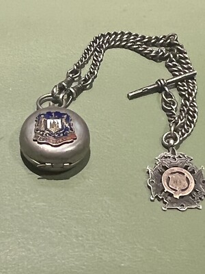 Antique Silver Double Albert Pocket watch Chain T-Bar, fob & sovereign ...